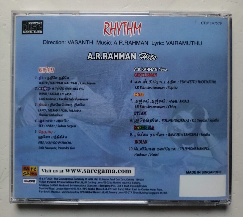 RHYTHM / A.R.RAHMAN HITS - A.R.Rahman Imported Tamil Audio Cd ...