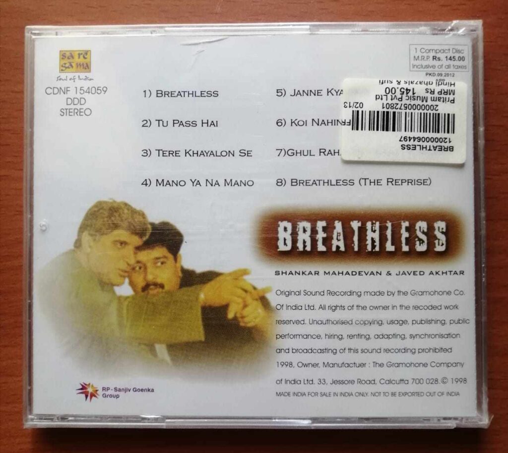 BREATHLESS - Shankar Madhavan & Javed Akhtar Album Audio Cd (FACTORY ...